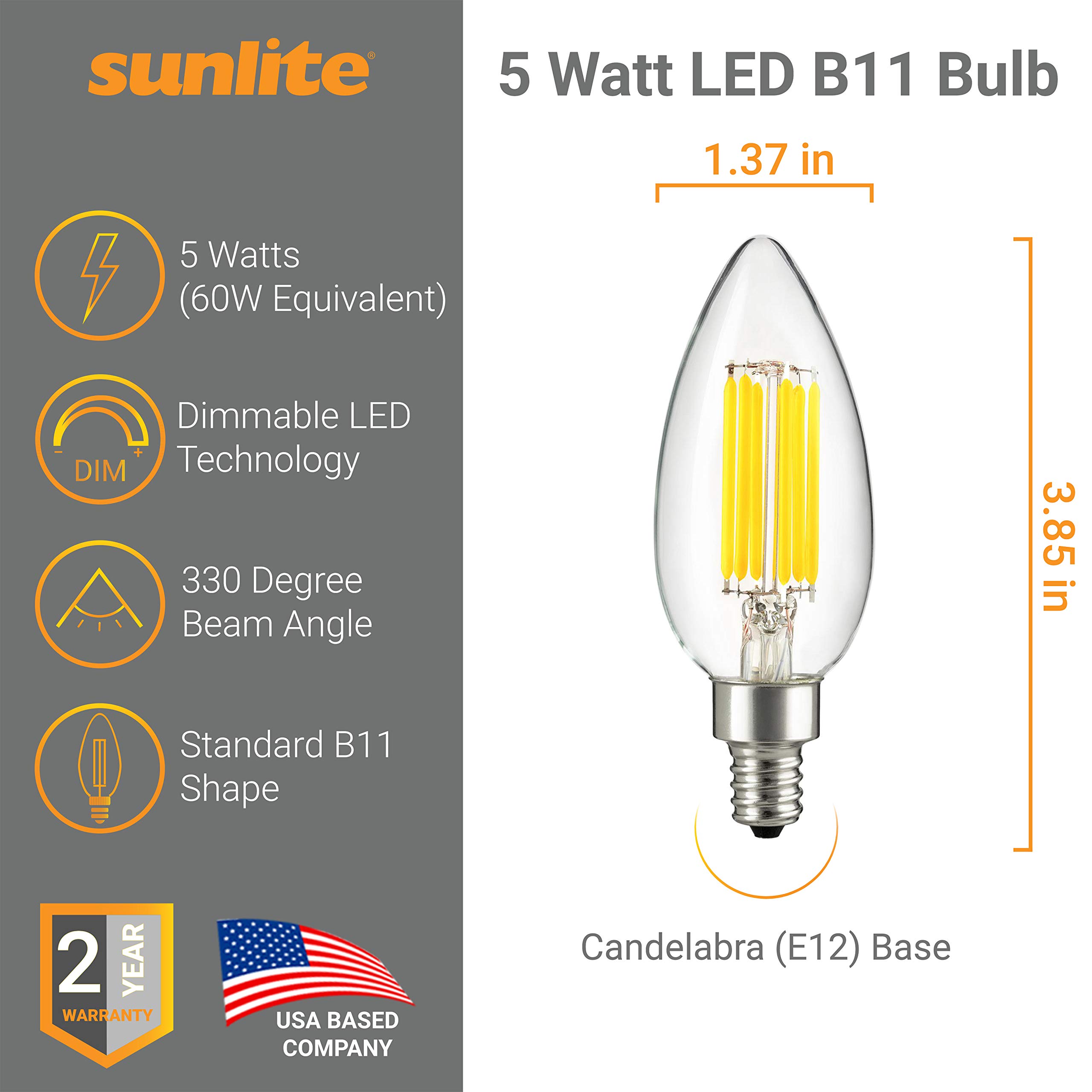 Sunlite 40956 LED B11 Filament Style Chandelier Light Bulb Torpedo Tip 5 Watts (60 W Equivalent) Dimmable, 600 Lumens, Candelabra E12 Base, UL Listed, 6 Pack, 30K-Warm White