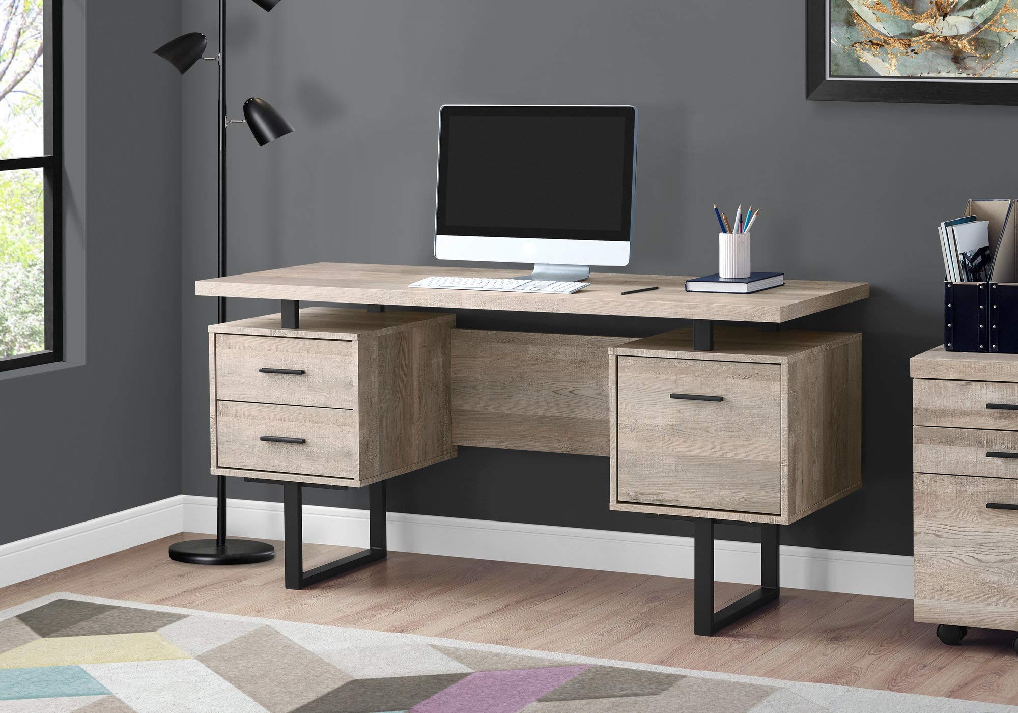 Monarch Specialties Computer Desk with Drawers - Contemporary Style - Home & Office Computer Desk with Metal Legs - 60"L (Taupe Reclaimed Wood Look)