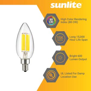 Sunlite 40956 LED B11 Filament Style Chandelier Light Bulb Torpedo Tip 5 Watts (60 W Equivalent) Dimmable, 600 Lumens, Candelabra E12 Base, UL Listed, 6 Pack, 30K-Warm White