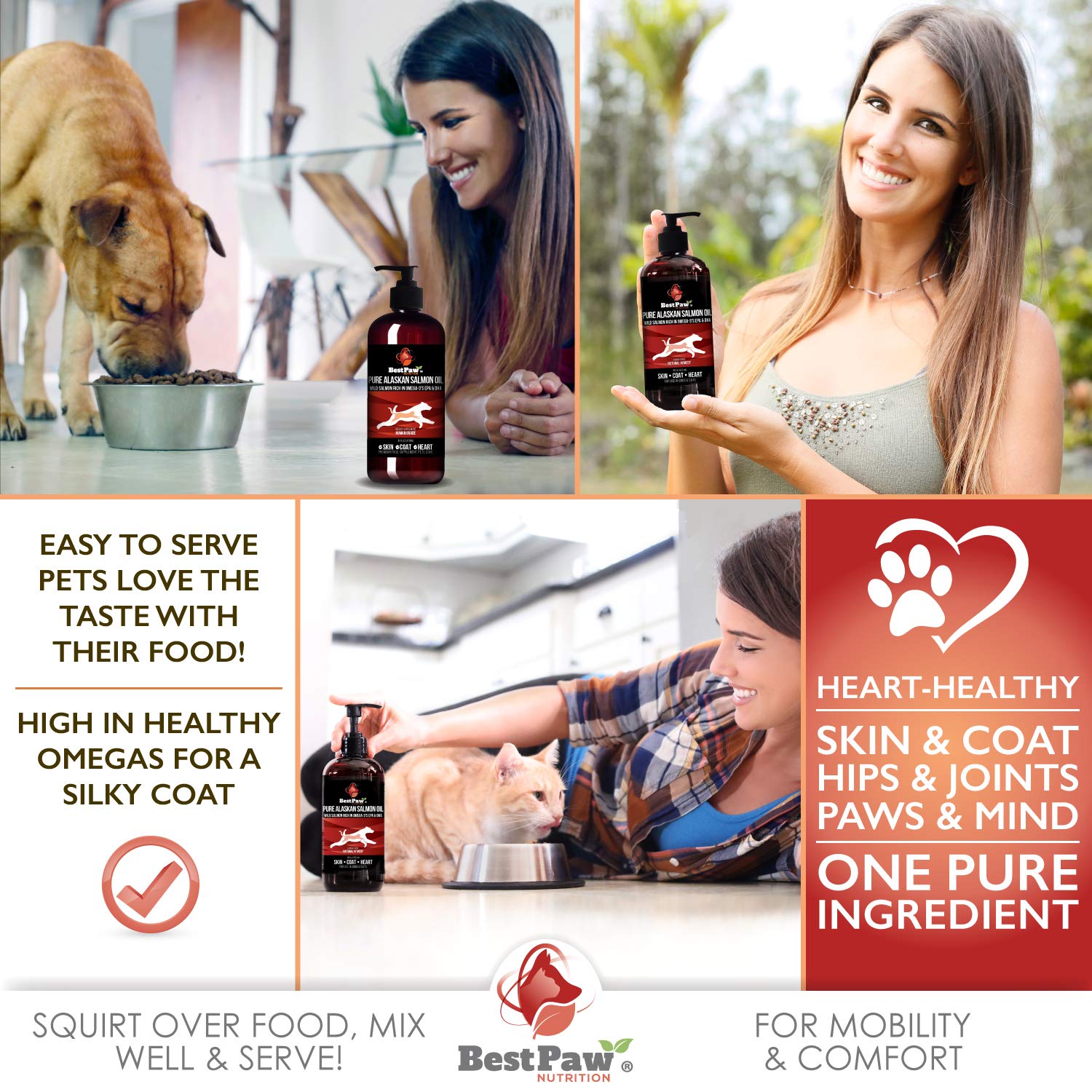 Pure Wild Alaskan Salmon Oil for Dogs & Cats Skin and Coat - Fish Oil Liquid with Pump - Supports Joint Function, Immune & Heart Health - Omega 3 Liquid Food Supplement - All Natural EPA + DHA - 16oz