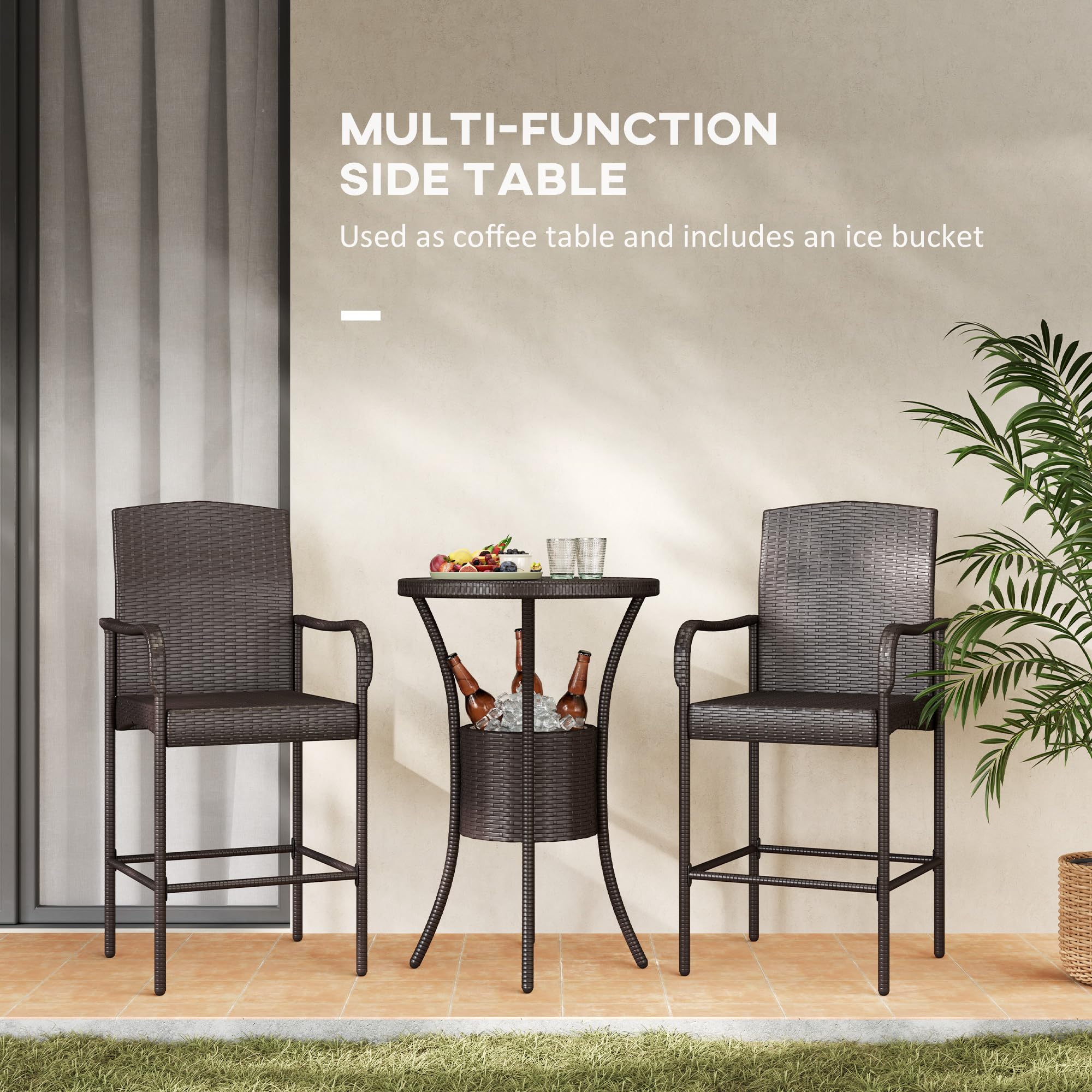 Outsunny 3 Pieces Rattan Wicker Bar Set with Ice Buckets, Patio Furniture with 1 Bar Table and 2 Bar Stools for Poolside, Backyard, Porches, Dark Brown