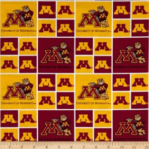 ncaa minnesota golden gophers patches allover red/yellow, quilting fabric by the yard