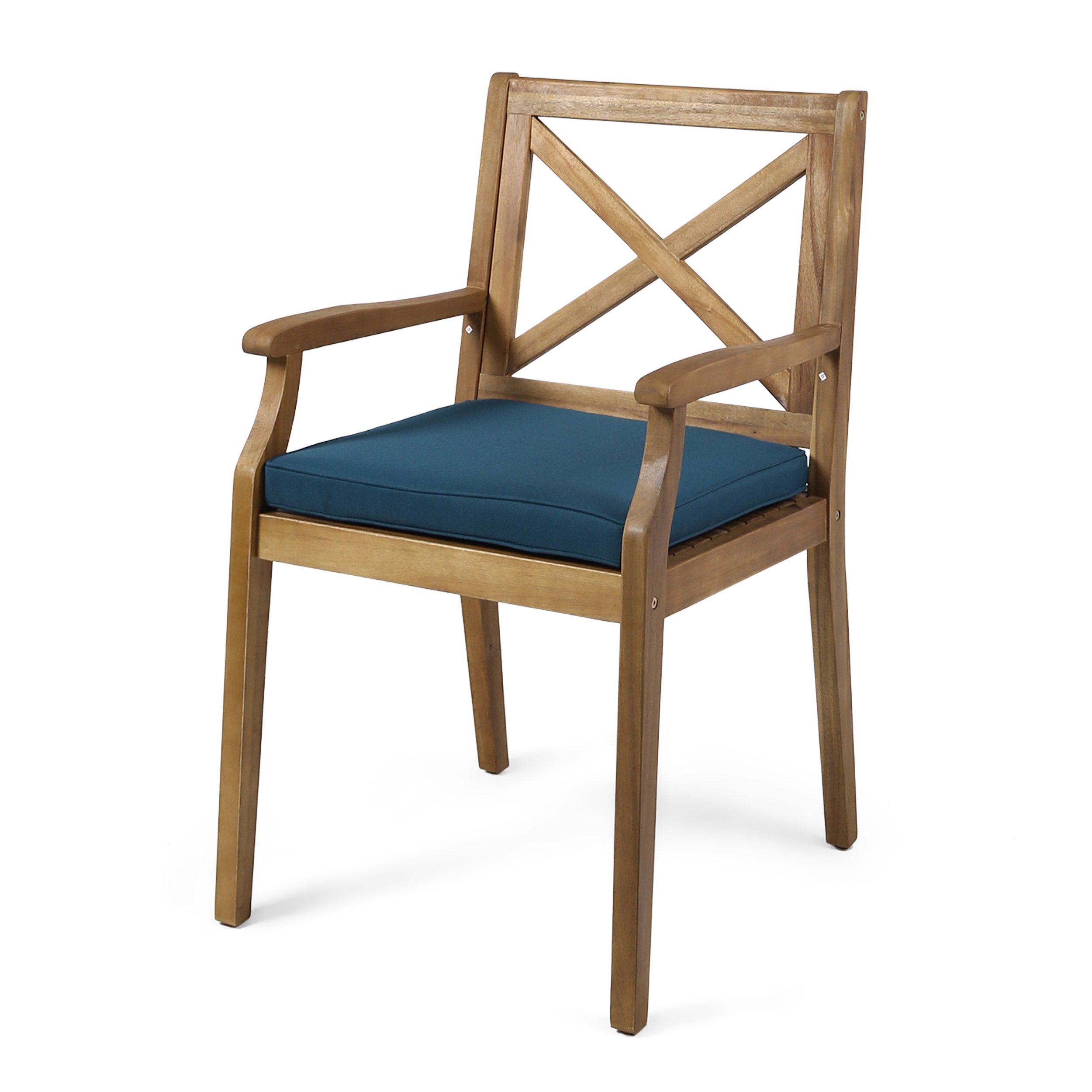 Christopher Knight Home Peter | Outdoor Acacia Wood Dining Chair Set of 2, Teak/Blue Cushion