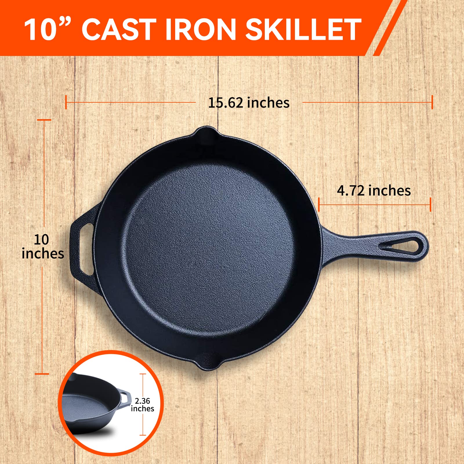 Keleday 10 Inch Cast iron Skillet, Pre-Seasoned Cast Iron Pan with Two Silicone Handles, Deep Cast Iron Frying Pan for Stovetop, Induction, Oven, Campfire