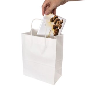 White Paper Bags with Handles Bulks 8 X 4.5 X 10.5 [100 Bags]. Ideal for Shopping, Packaging, Retail, Party, Craft, Gifts, Wedding, Recycled, Business, Goody and Merchandise Bag