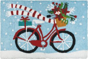 jellybean holiday poinsettia and presents delivery bike with scarf winter holiday accent rug