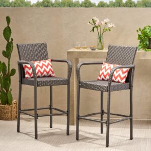 Christopher Knight Home Delfina Outdoor Wicker Barstools, 2-Pcs Set, Grey