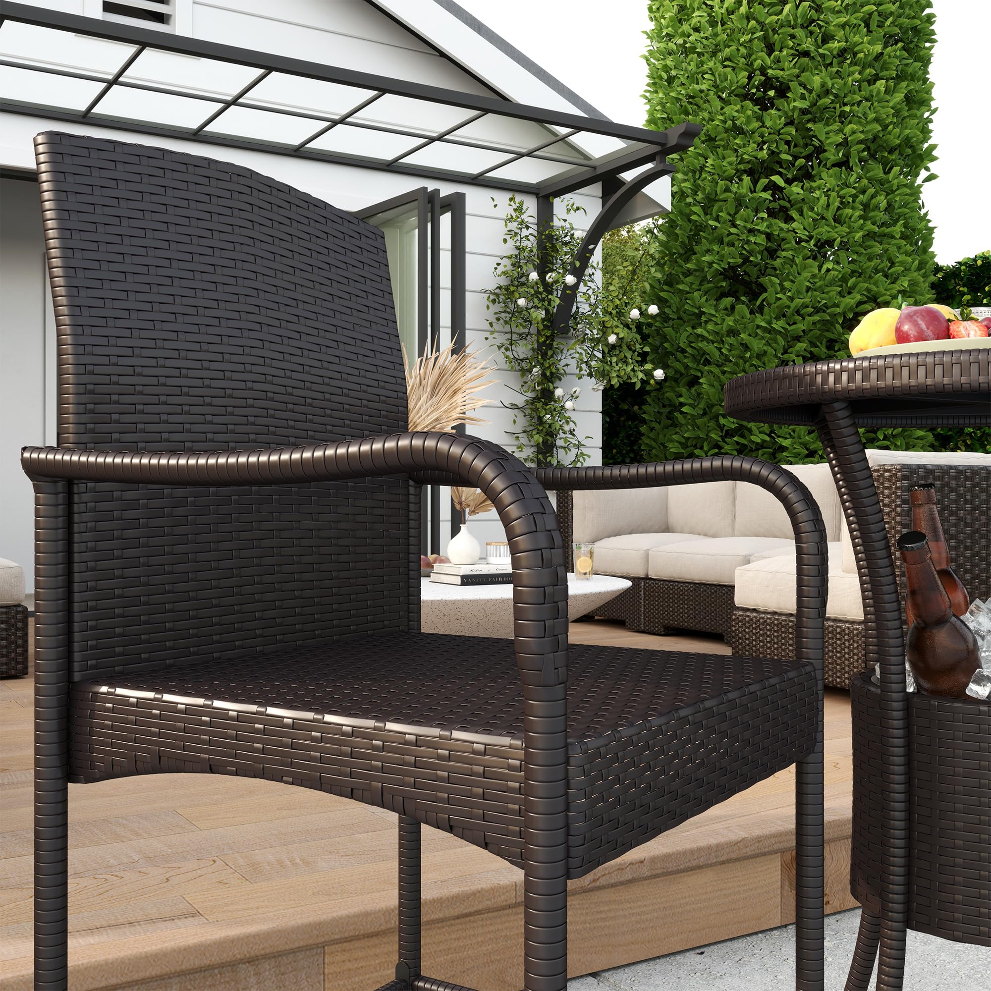 Outsunny 3 Pieces Rattan Wicker Bar Set with Ice Buckets, Patio Furniture with 1 Bar Table and 2 Bar Stools for Poolside, Backyard, Porches, Dark Brown