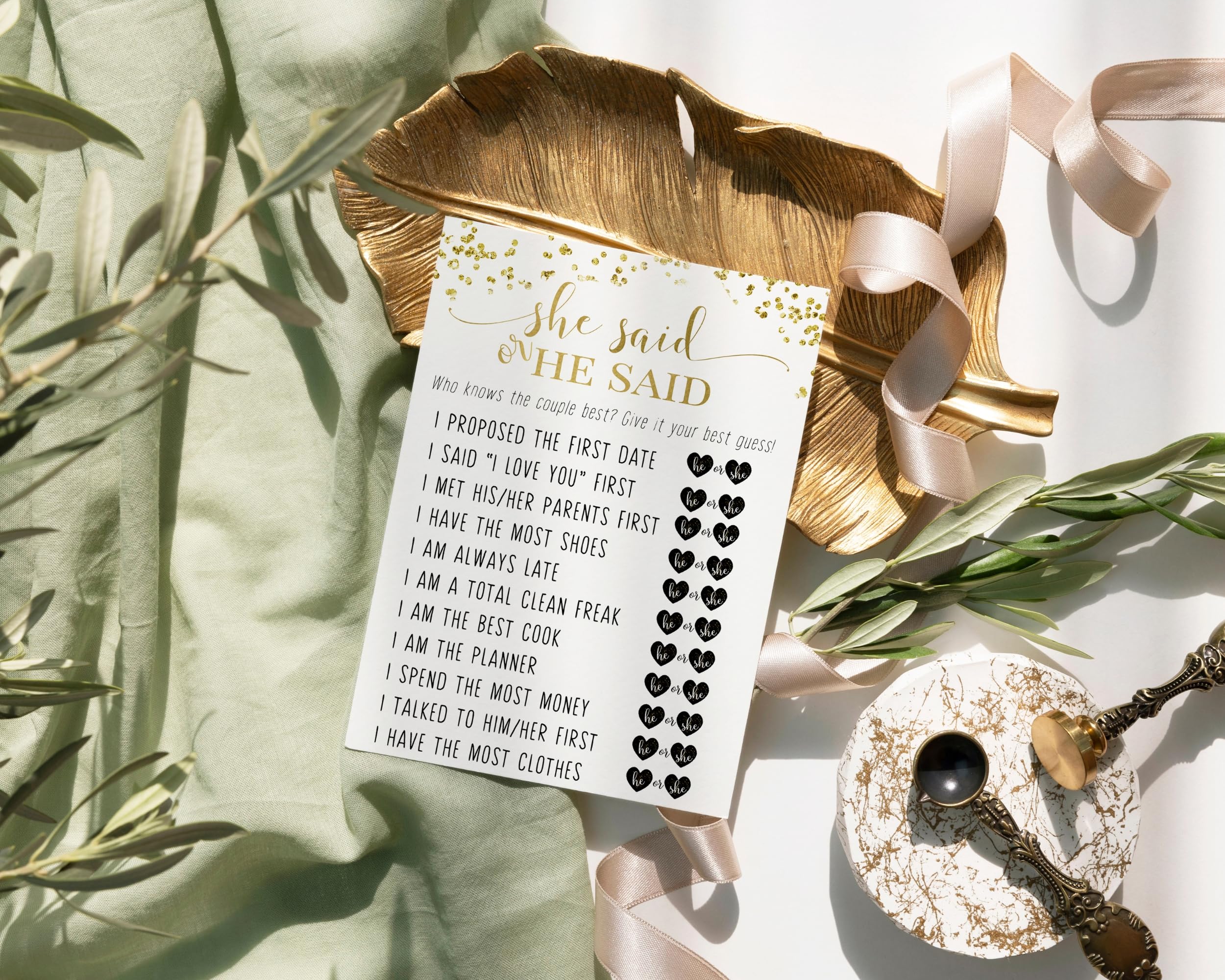 Black and Gold Bridal Shower Game He or She Said – 25 Pack, Couples Wedding Engagement Party Games, Reception Decor and Ideas, Fun Bridal Shower Guest Activities