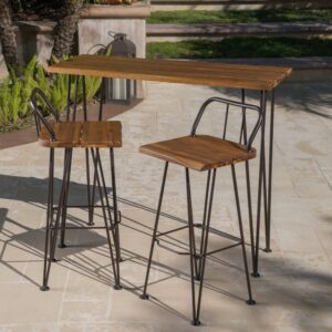 Christopher Knight Home Denali Outdoor Industrial Acacia Wood Bar Set with Finished Iron Frame, Teak Finish / Rustic Metal