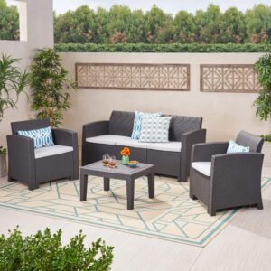 Christopher Knight Home Jacksonville Outdoor Faux Wicker Rattan Style Chat Set with Water Resistant Cushions, 4-Pcs Set, Charcoal / Light Grey