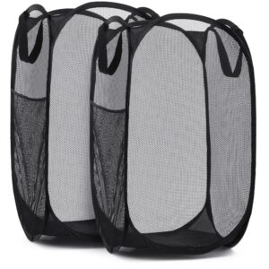 handy laundry collapsible mesh pop up hamper with wide opening and side pocket – breathable, sturdy, foldable, and space-saving design for clothes and storage. (black | 2-pack)