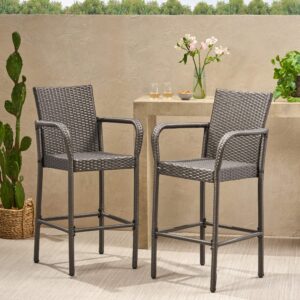 Christopher Knight Home Delfina Outdoor Wicker Barstools, 2-Pcs Set, Grey