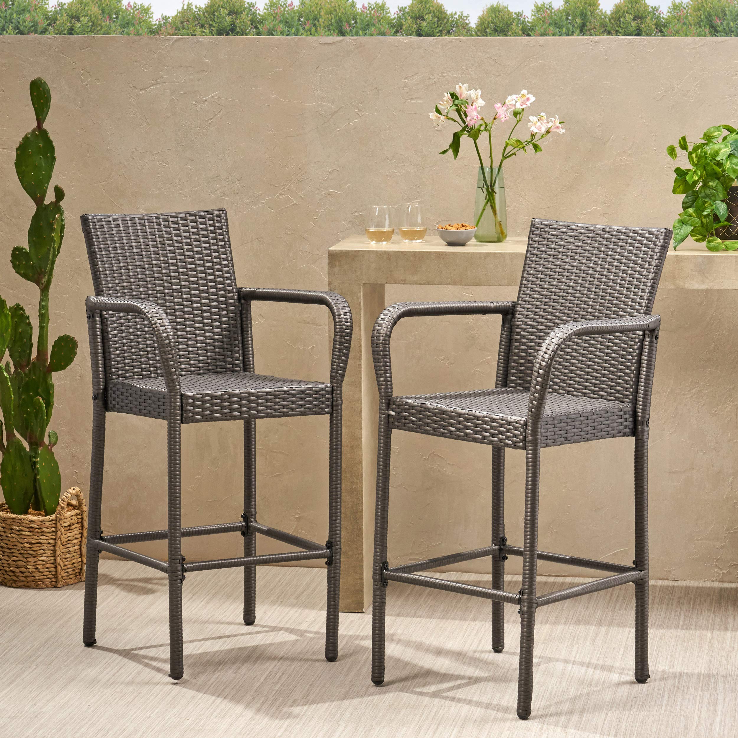 Christopher Knight Home Delfina Outdoor Wicker Barstools, 2-Pcs Set, Grey