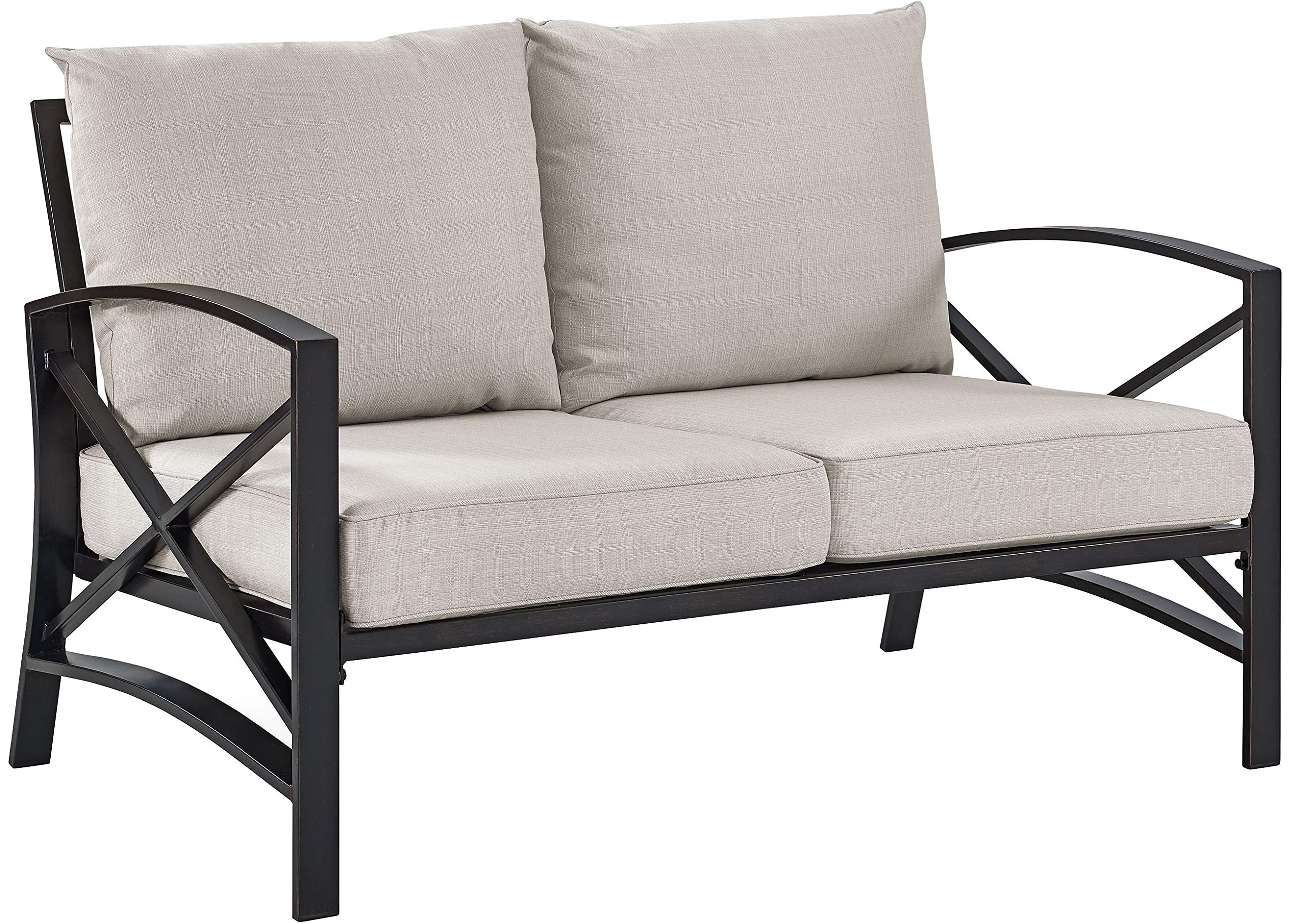 Crosley Furniture Kaplan 3-Piece Outdoor Loveseat Patio Furniture Set, Conversation Sets for Porch, Deck, Oiled Bronze with Oatmeal Cushions