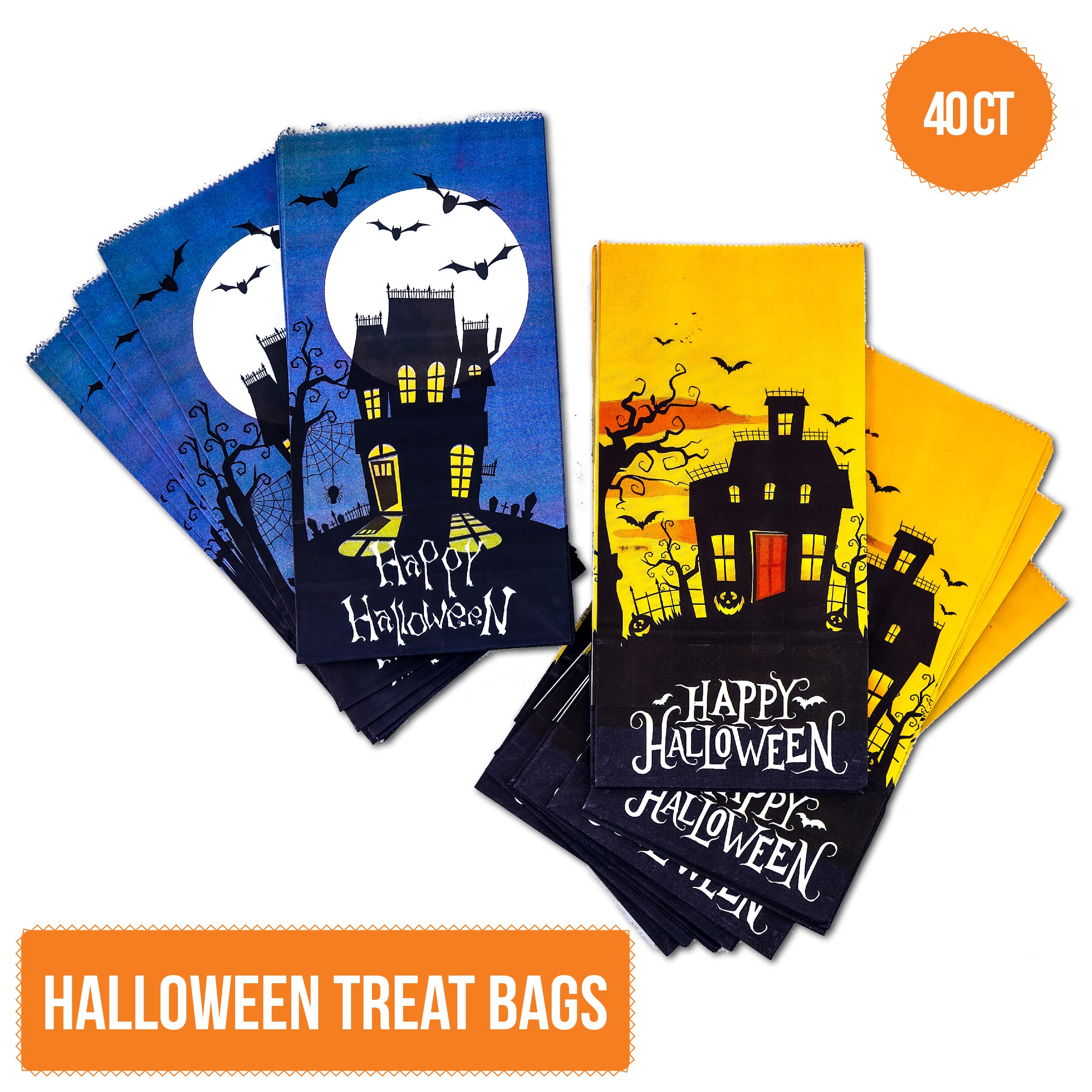 Iconikal Halloween Treat Paper Bags, 40-Pack 2 Designs Trick or Treat Party Favor Goodie Snack Sacks Candy, Popcorn, Gifts, Cookies