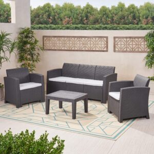 Christopher Knight Home Jacksonville Outdoor Faux Wicker Rattan Style Chat Set with Water Resistant Cushions, 4-Pcs Set, Charcoal / Light Grey