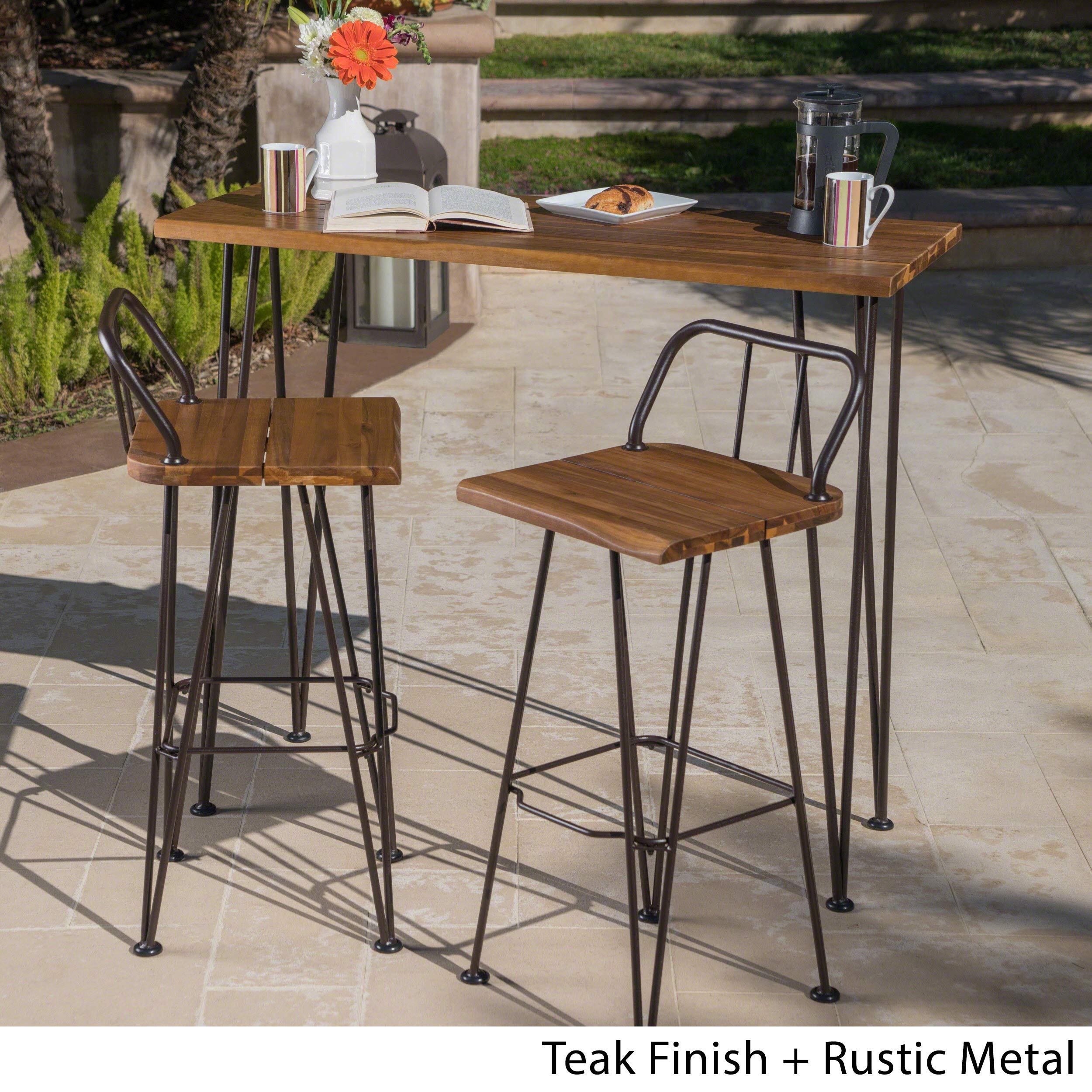 Christopher Knight Home Denali Outdoor Industrial Acacia Wood Bar Set with Finished Iron Frame, Teak Finish / Rustic Metal