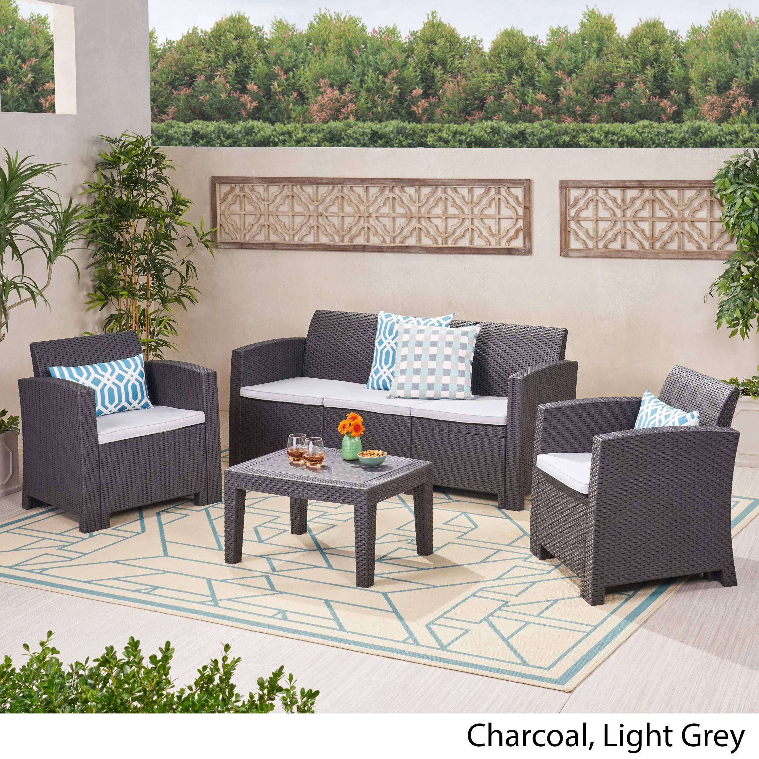 Christopher Knight Home Jacksonville Outdoor Faux Wicker Rattan Style Chat Set with Water Resistant Cushions, 4-Pcs Set, Charcoal / Light Grey