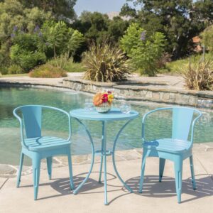 christopher knight home colmar outdoor iron bistro set, 3-pcs set, matte blue