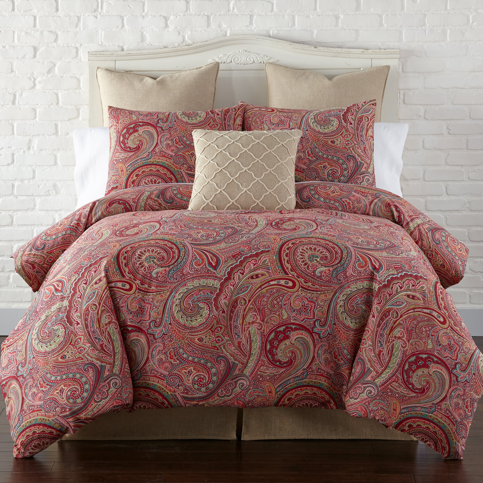 Levtex Home - Spruce Red Duvet Cover Set - Full/Queen Duvet Cover (90 x 94in.) + Two Standard Pillow Cases (26 x 20in.) - Paisley Pattern - Red, Tan, Grey, Burgundy - Cotton