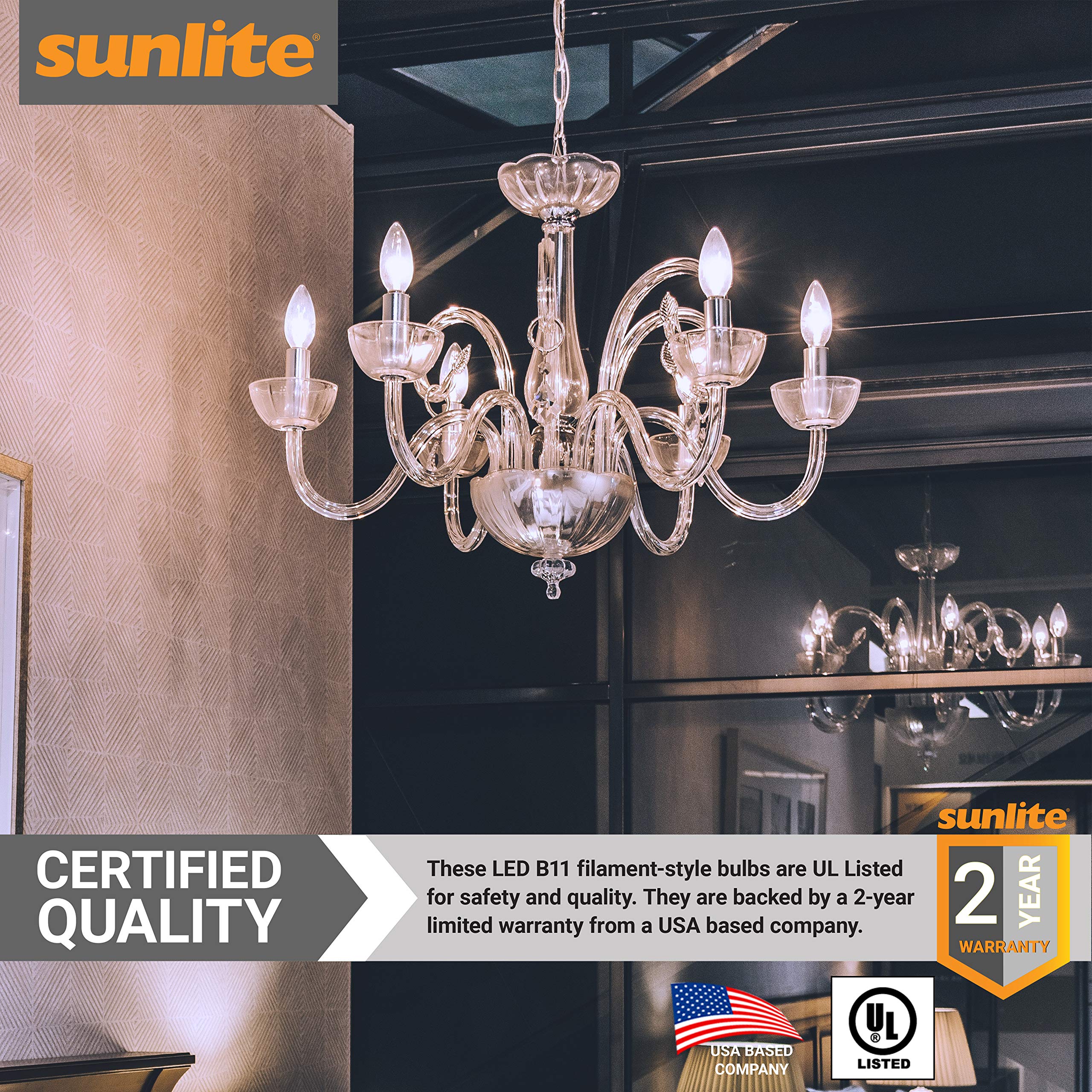 Sunlite 40956 LED B11 Filament Style Chandelier Light Bulb Torpedo Tip 5 Watts (60 W Equivalent) Dimmable, 600 Lumens, Candelabra E12 Base, UL Listed, 6 Pack, 30K-Warm White