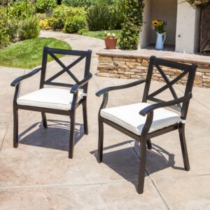 christopher knight home exuma outdoor cast aluminum dining chairs with water resistant cushions, 2-pcs set, black / ivory