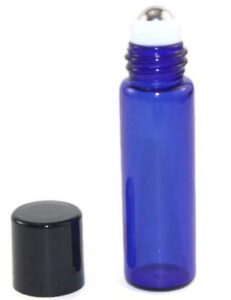 hs healthy solutions glassware 5ml cobalt blue glass roll on roller bottles 144 with stainless steel roller inserts & flat black screw caps - pack of 144 each.