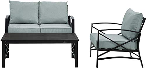 Crosley Furniture Kaplan 3-Piece Outdoor Loveseat Patio Furniture Set, Conversation Sets for Porch, Deck, Oiled Bronze with Mist Cushions