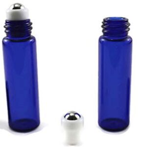 HS HEALTHY SOLUTIONS GLASSWARE 5ml COBALT BLUE Glass Roll On Roller Bottles 144 with Stainless Steel Roller Inserts & Flat Black Screw Caps - Pack of 144 each.