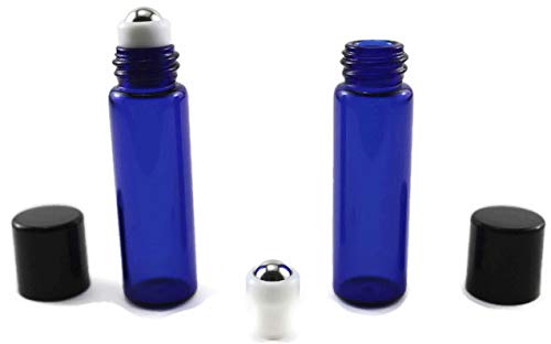 HS HEALTHY SOLUTIONS GLASSWARE 5ml COBALT BLUE Glass Roll On Roller Bottles 144 with Stainless Steel Roller Inserts & Flat Black Screw Caps - Pack of 144 each.