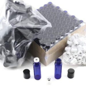 HS HEALTHY SOLUTIONS GLASSWARE 5ml COBALT BLUE Glass Roll On Roller Bottles 144 with Stainless Steel Roller Inserts & Flat Black Screw Caps - Pack of 144 each.