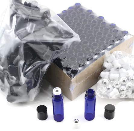 HS HEALTHY SOLUTIONS GLASSWARE 5ml COBALT BLUE Glass Roll On Roller Bottles 144 with Stainless Steel Roller Inserts & Flat Black Screw Caps - Pack of 144 each.