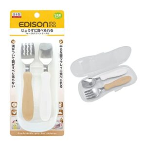 edison mama noodle falling prevention fork and easy scoop of soup/solid food spoon with easy clean case for 17 month (milk & potato)