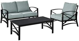 crosley furniture kaplan 3-piece outdoor loveseat patio furniture set, conversation sets for porch, deck, oiled bronze with mist cushions