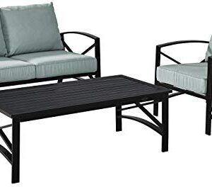 Crosley Furniture Kaplan 3-Piece Outdoor Loveseat Patio Furniture Set, Conversation Sets for Porch, Deck, Oiled Bronze with Mist Cushions