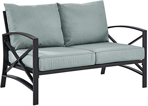 Crosley Furniture Kaplan 3-Piece Outdoor Loveseat Patio Furniture Set, Conversation Sets for Porch, Deck, Oiled Bronze with Mist Cushions