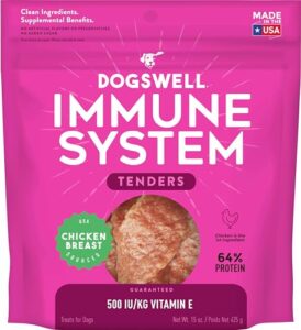 dogswell immunity & defense, flaxseed oil, turmeric, vitamin e & a, healthy aging, chicken tenders 15 oz