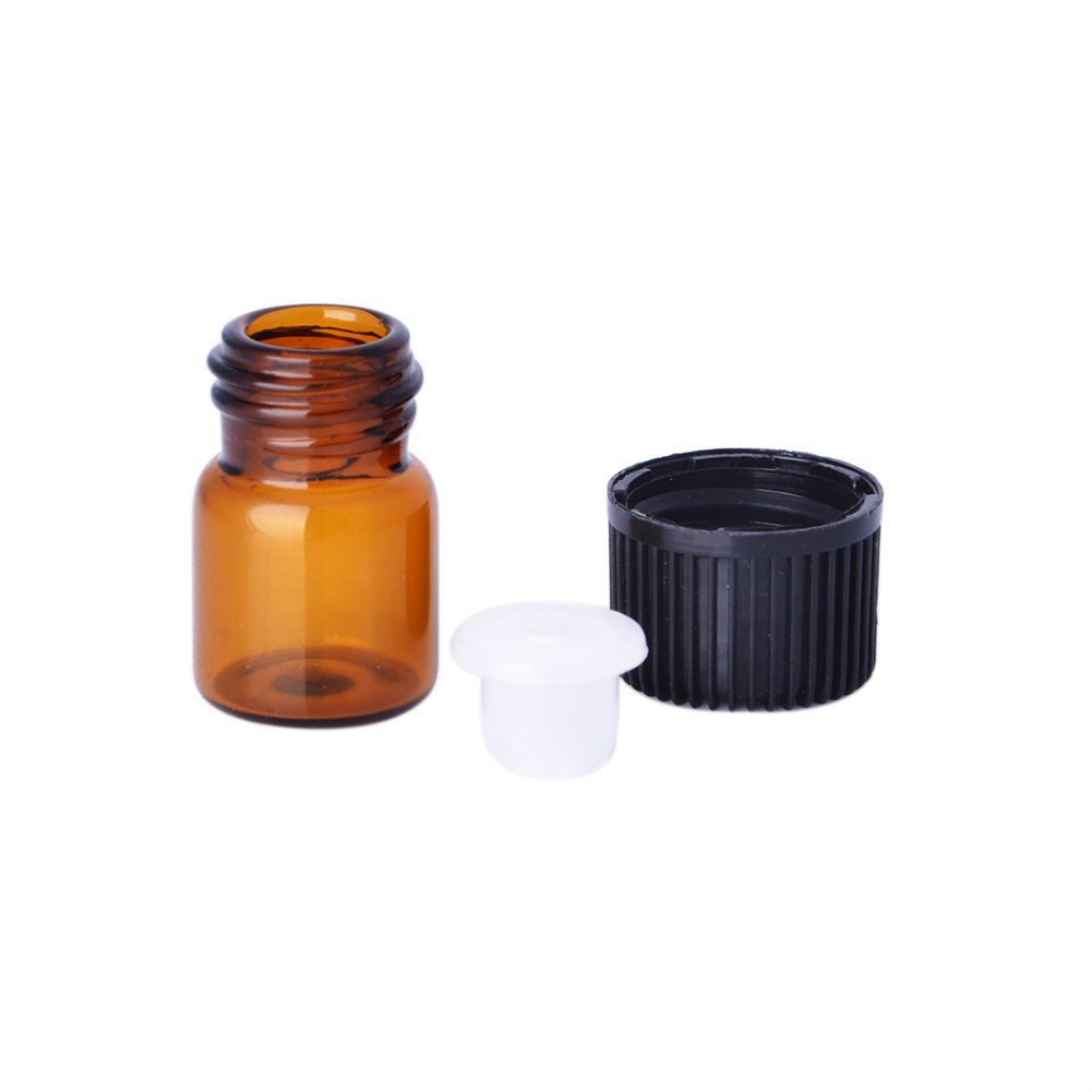 Enslz Mini Essential Oil Bottles Empty Sample bottle 1ml(1/4 dram) 2ml (5/8 dram) Amber Glass Bottle with Orifice Reducer and cap, With 2 Free Transfer Eye droppers(50 Pcs) (1ml)