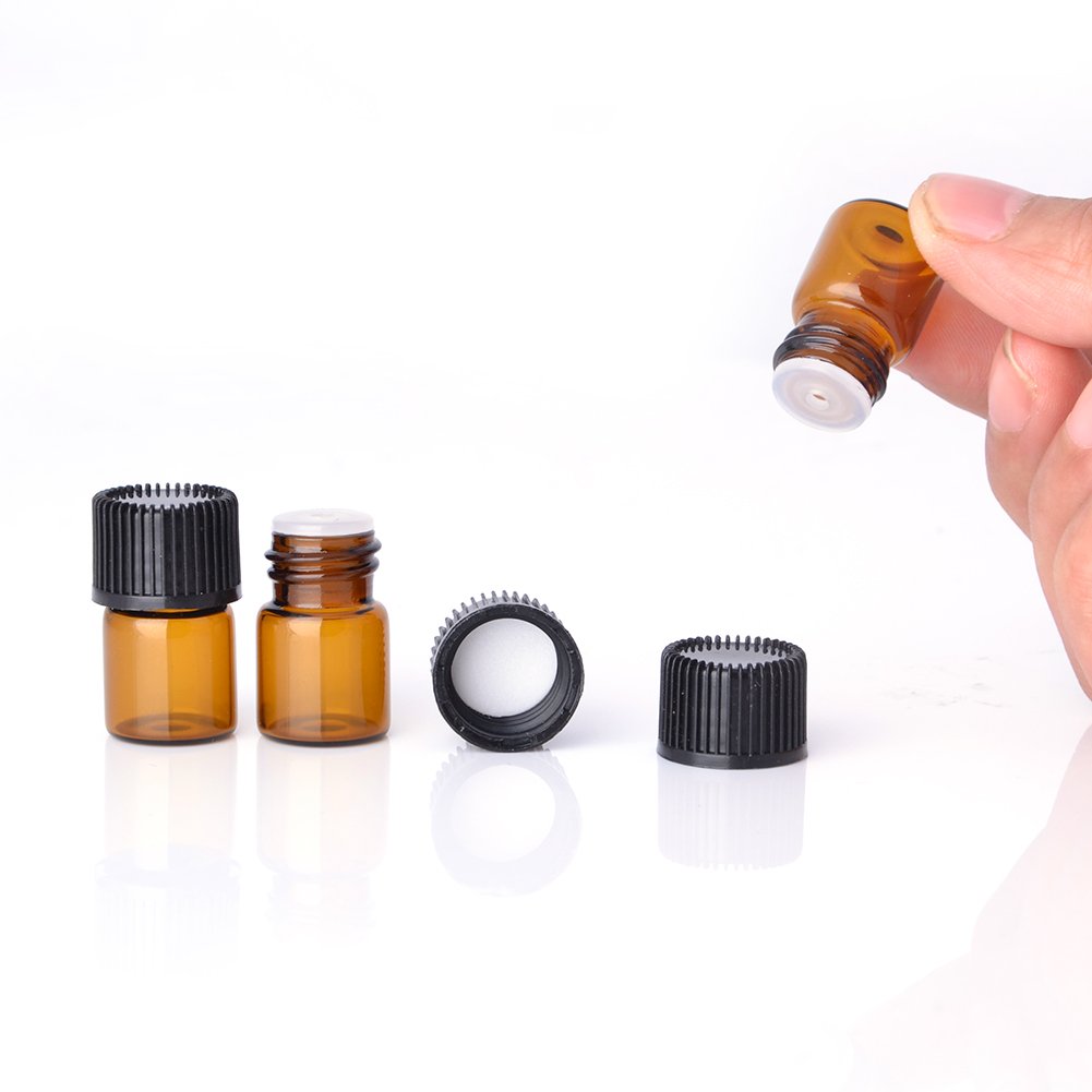 Enslz Mini Essential Oil Bottles Empty Sample bottle 1ml(1/4 dram) 2ml (5/8 dram) Amber Glass Bottle with Orifice Reducer and cap, With 2 Free Transfer Eye droppers(50 Pcs) (1ml)