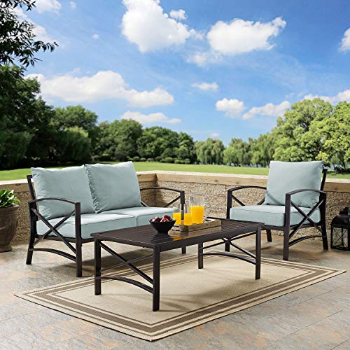 Crosley Furniture Kaplan 3-Piece Outdoor Loveseat Patio Furniture Set, Conversation Sets for Porch, Deck, Oiled Bronze with Mist Cushions