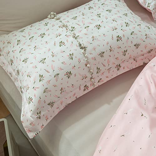 Pink Floral Pillowcases Set 100% Cotton Flower Print Pillow Shams for Kids Girl White Pink Floral Bedding Pillow Covers Fresh Home Decorative Pillowcases Set, Envelope Closure, (2 Pieces,20"×26")