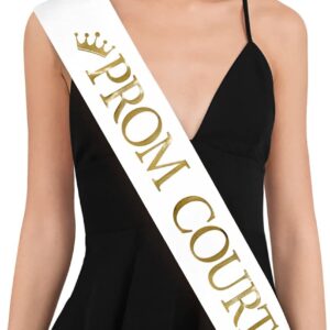 "Prom Court" Sash - Set of 2 - School Dance Graduation Party School Party Accessories, White with Gold Print …