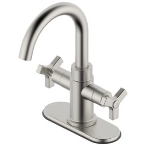 derengge two-handle bathroom sink faucet with deck plate,1 hole or 3 hole bathroom faucet with plastic pop-up drain,brushed nickel pvd finished,lf-t0081-bn