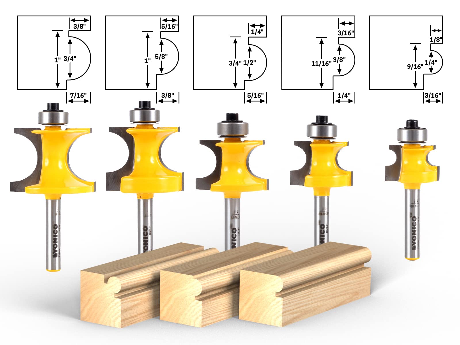 YONICO Bullnose Beading Router Bits Set 5 Bit 1/4-Inch Shank 13516q