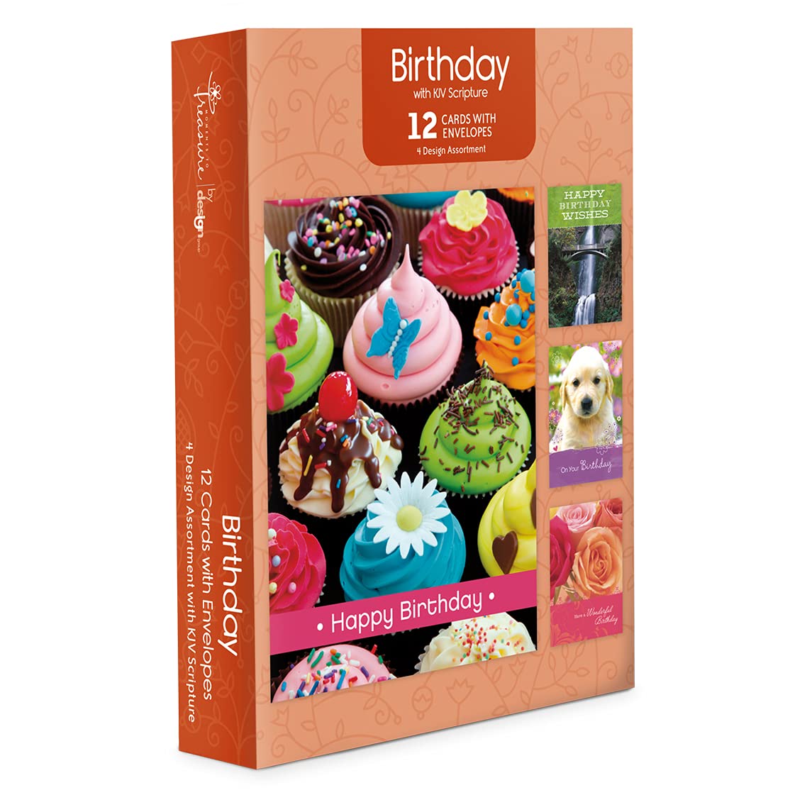 Paper Craft IG98639-RE Religious Birthday Card Assortment Box Set with Envelopes, 12 Cards, 4.75'' W x 6.5'' H, Cupcake, Waterfall, Puppy, and Floral Photography