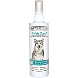 vet classics safety zone calming spray for dogs with anxiety – herbal anxiety calming spray – dog calming spray for nervousness, grooming, fireworks, new environments – 8 fl. oz.