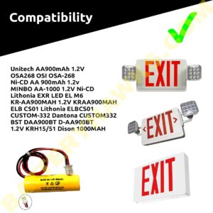 (5 Pack) OSA268 EXR LED EL M6 AA900mAh 1.2v Ni-CD AA 900mAh 1.2v Battery Exit Sign Emergency Light BST D-AA900BT Custom-332 ELB CS01