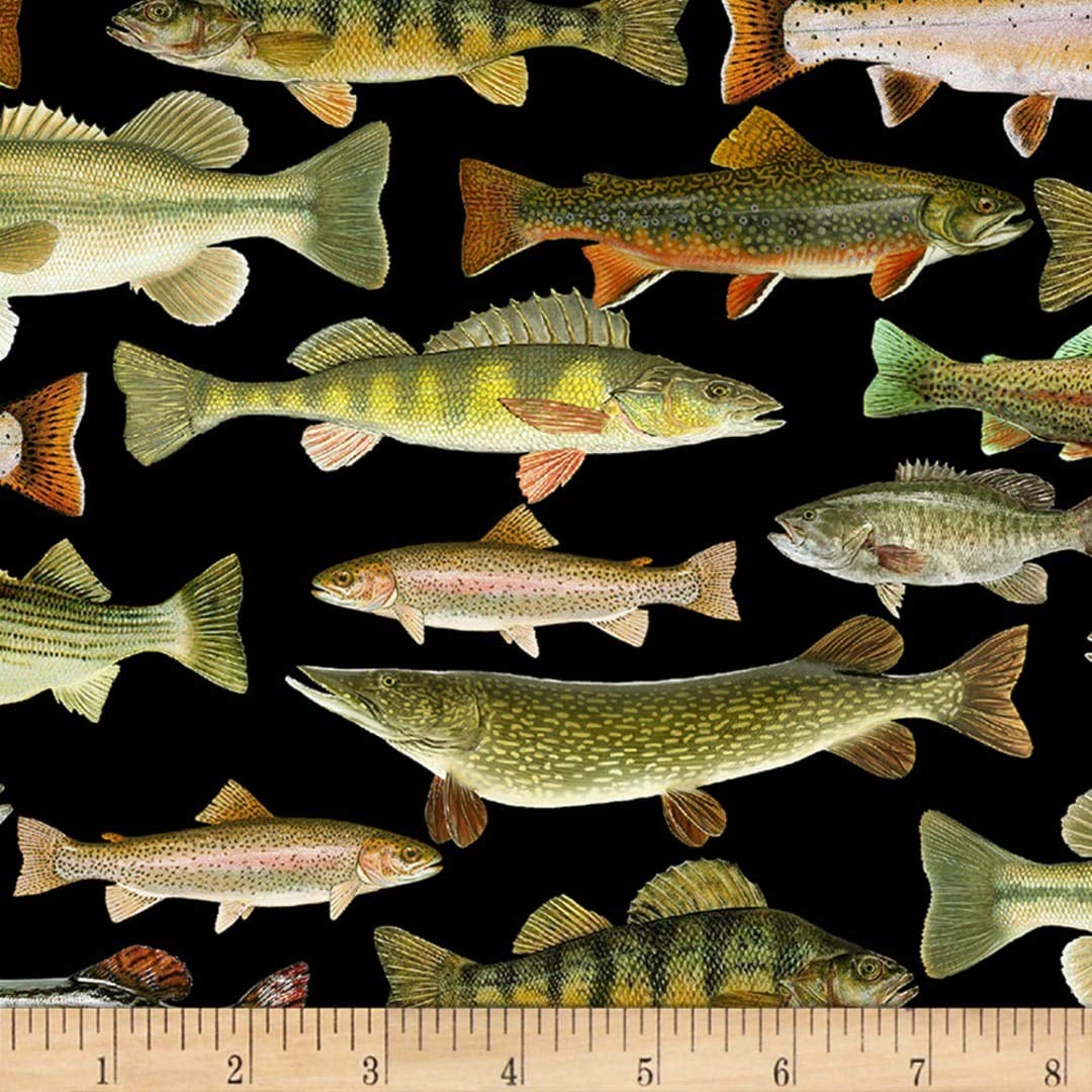 Timeless Treasures Fabrics Gone Fishing Black Fish