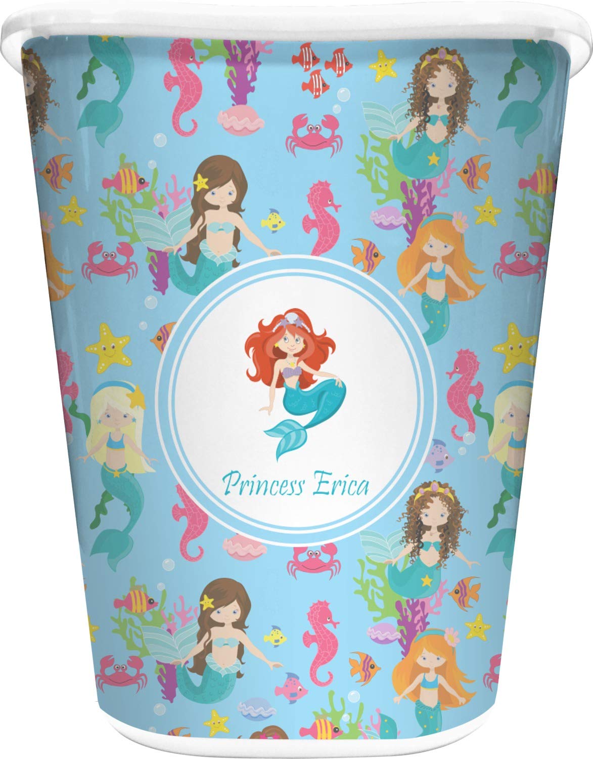 RNK Shops Personalized Mermaids Waste Basket - Double Sided (White)